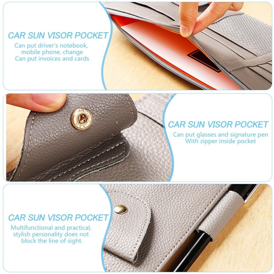 PU Car Sun Visor Storage Bag For Cards Glasses Photo Organizer Clip ...