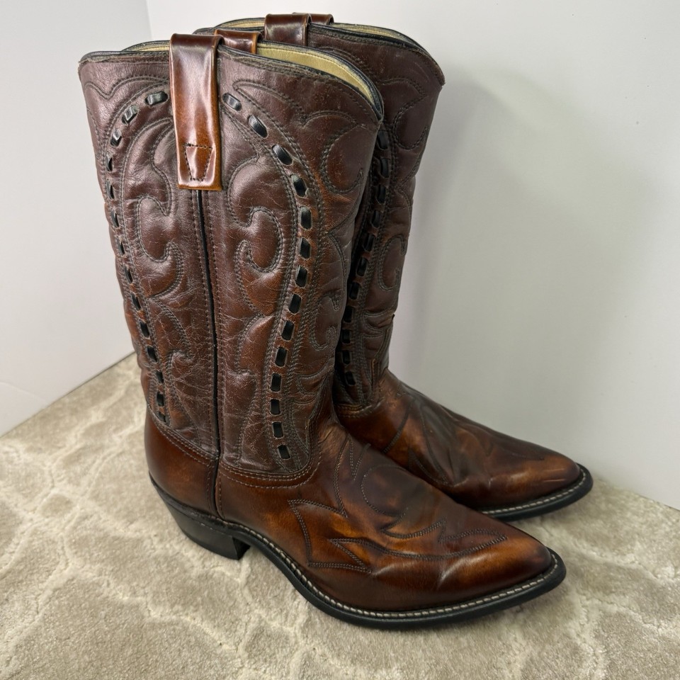 Men's Vtg Deep Red Brown Braided Leather Western Cowboy Boots 8.5D ...