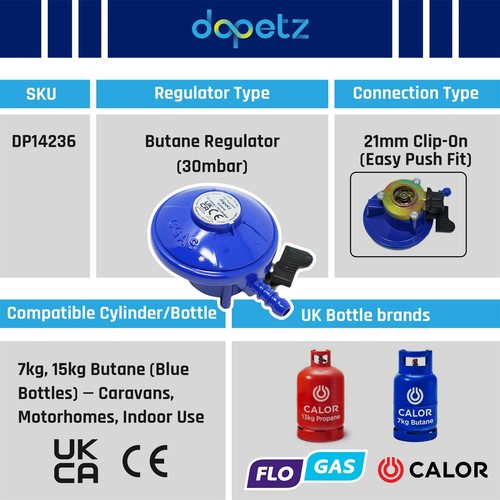 Butane Gas Regulator 21mm Clip On/2m Hose 2 Clips Fits Calor Flogas 7 ...