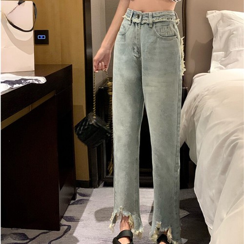 Lady Jeans Denim Trousers Ankle Pants Straight Leg Raw Hem Distressed ...