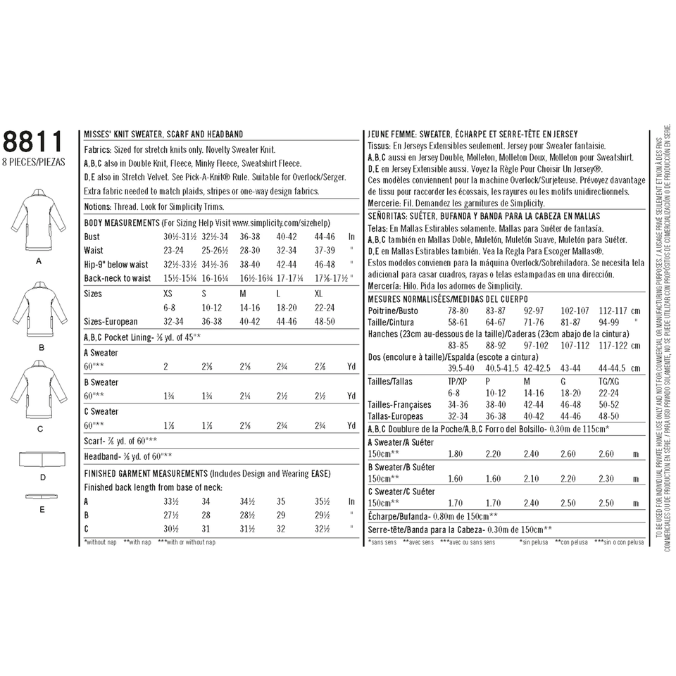 Simplicity Pattern 8811 Misses' Knit Cardigan Jacket, Scarf and ...