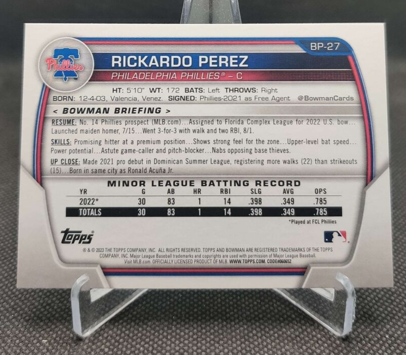 2023 Bowman #BP-27 Rickardo Perez Philadelphia Phillies baseball card ...