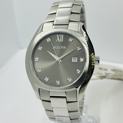 Bulova Men's Diamond Silver Stainless Steel Gray Dial 42mm Watch 96D122 ...