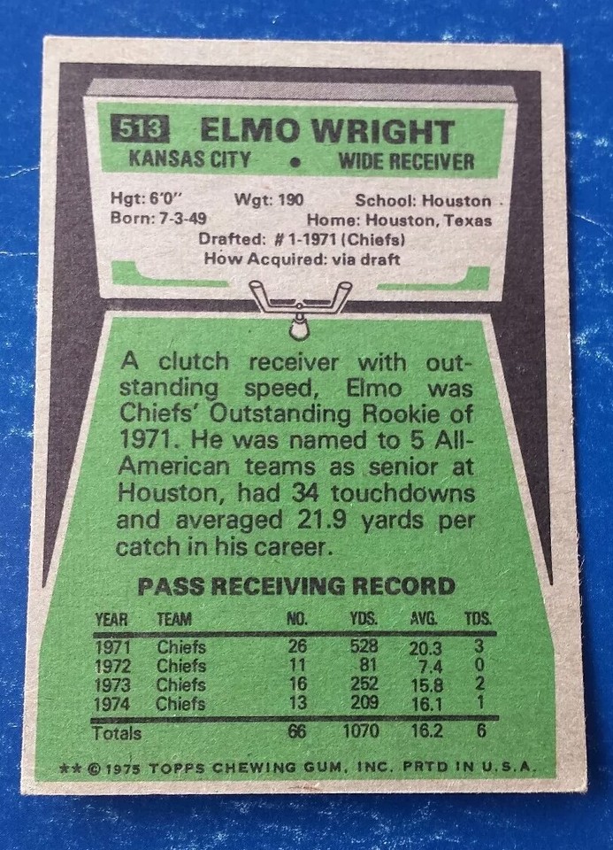1975 Topps Elmo Wright Kansas City Chiefs #513 | eBay
