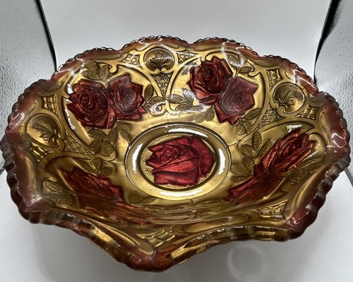 Antique Goofus Glass Bowl Gold and Red Rose Design 9" wide | eBay