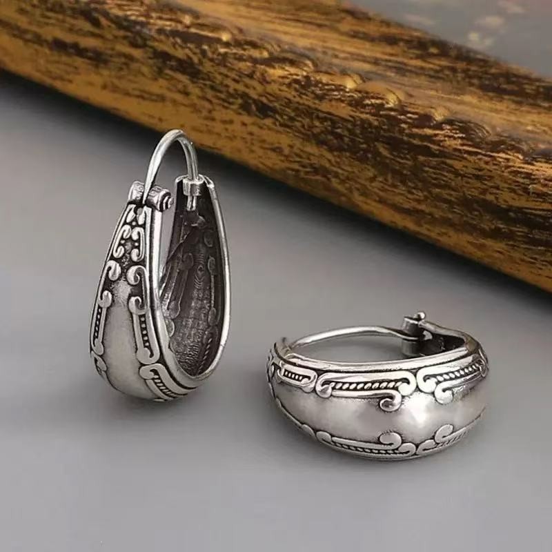 925 Sterling Silver Bali Oxidiezed Lotus Flower Huggie Hoop Earrings ...