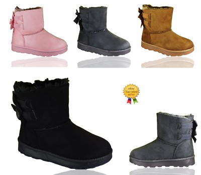 KIDS GIRLS CHILDREN WARM WINTER ANKLE FUR LINED GRIP SOLE SNUGG BOW ...