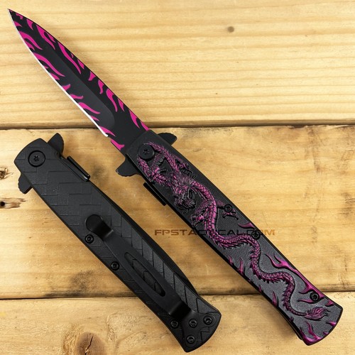 Falcon Black & Pink Dragon Fire Spring Assisted Stiletto Knife w ...
