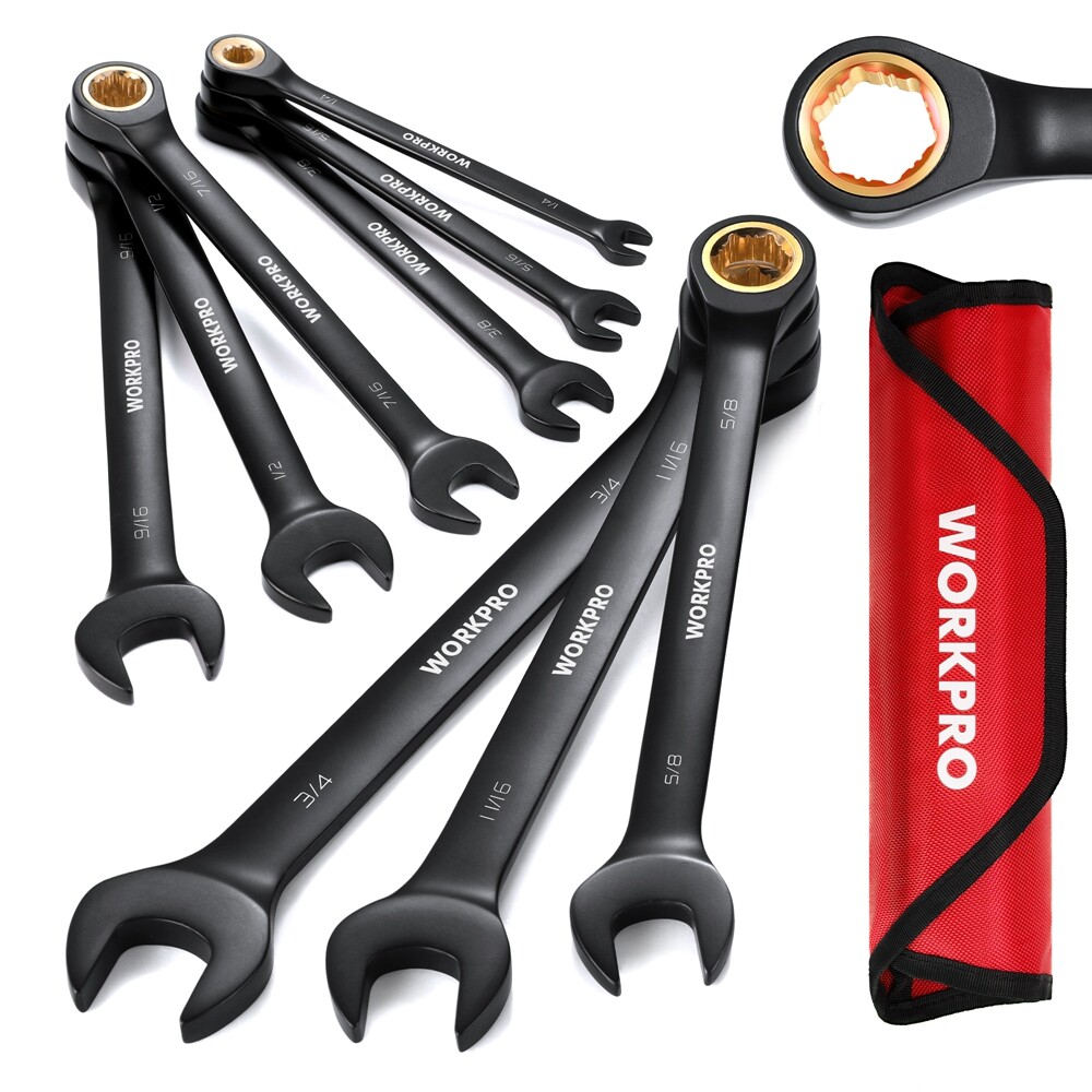 WORKPRO 9PCS Anti-Slip Ratcheting Combination Wrench Sets SAE 1/4"-3/4 ...