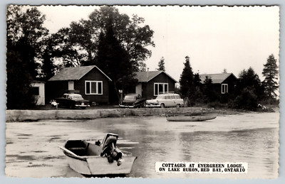 RPPC c1950s Cottages Evergreen Lodge Lake Huron Red Bay Ontario Ford ...