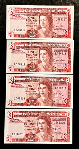 (4 SEQUENTIAL) 1988 GIBRALTAR 1£, ONE POUND NOTES, UNCIRCULATED CRISP ...