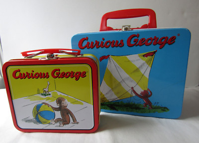 Lot of 2 Curious George lunch boxes tins, different sizes, kite ball ...