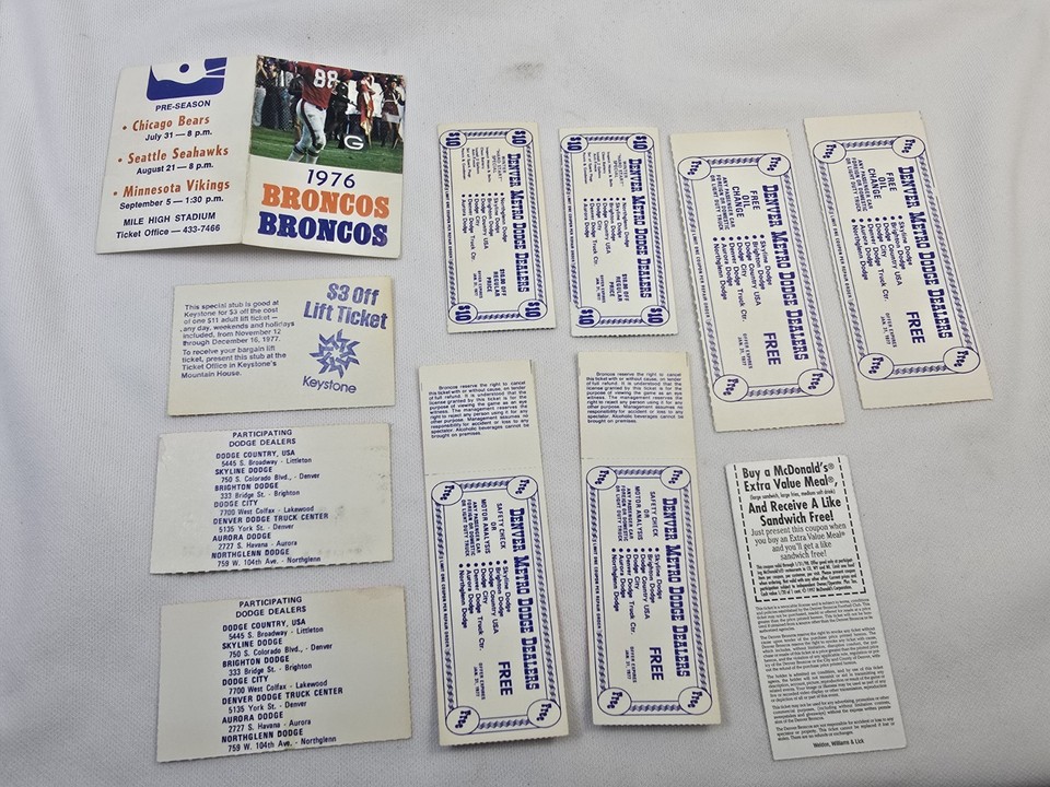 1976 Denver Broncos Ticket Lot Chiefs Jets Mile High Stadium Ident Card ...