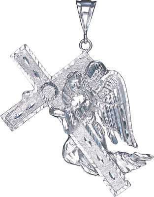 Large 3" Sterling Silver Angel Holding Cross Pendant Necklace 24 ...