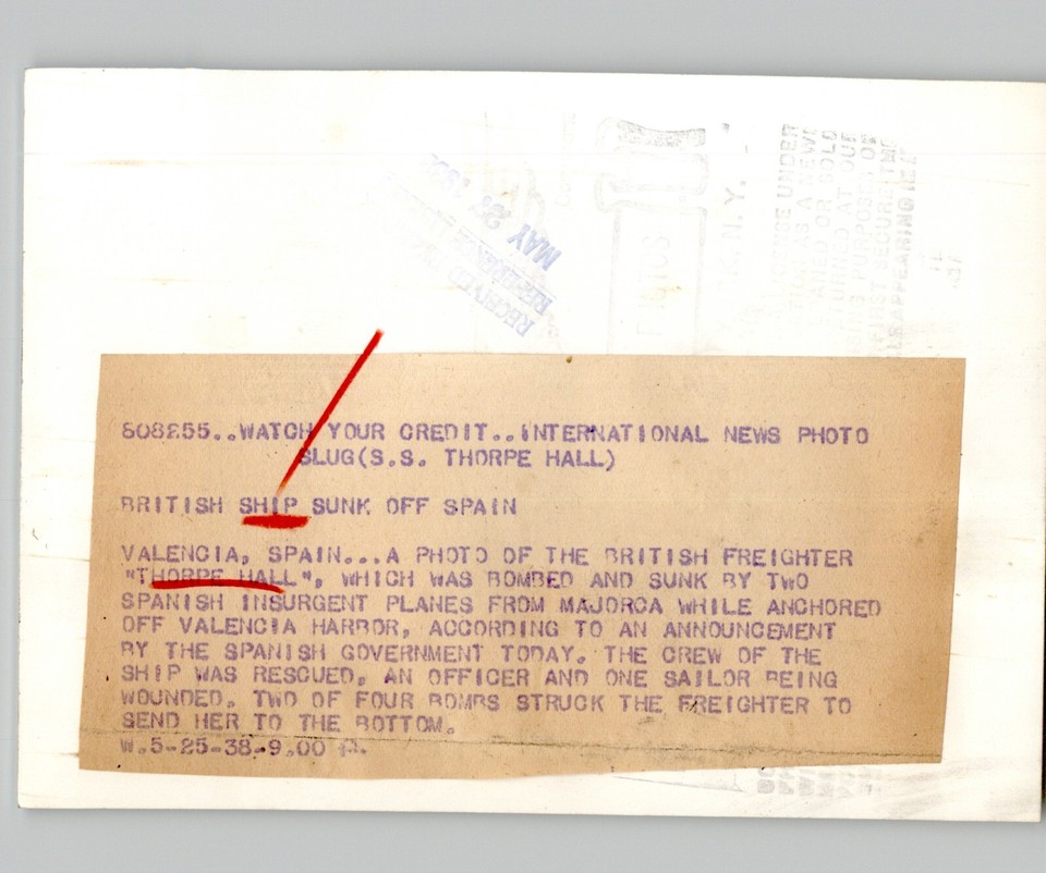 British Freighter SS THORPE HALL Sinking VALENCIA Spain 1938 Press ...