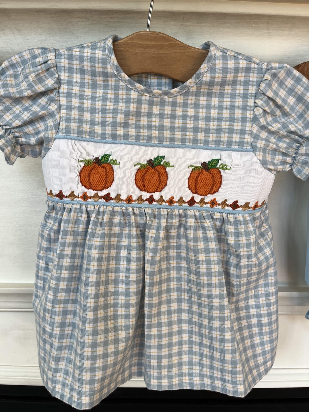 Three Sisters Top Bloomer Set 12 Month Smocked Pumpkin Blue Plaid 2 Pc ...