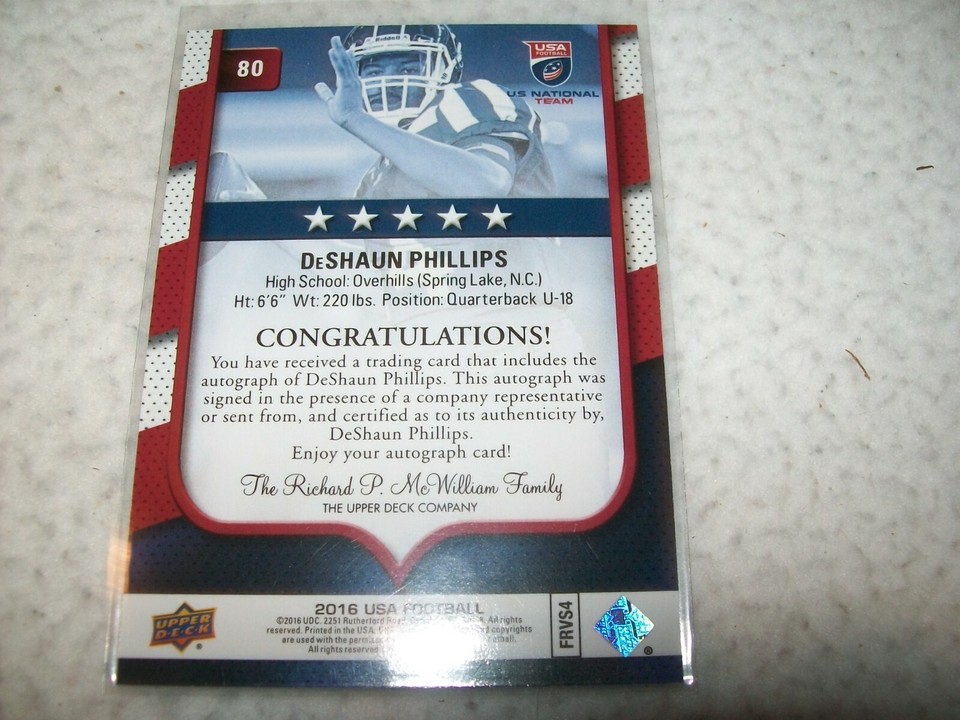 2016 UPPER DECK USA FOOTBALL DESHAUN PHILLIPS AUTOGRAPH AUTO | eBay