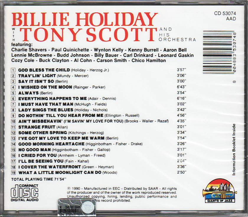 BILLIE HOLIDAY With Tony Scott & His Orchestra CD NEW SEALED | eBay