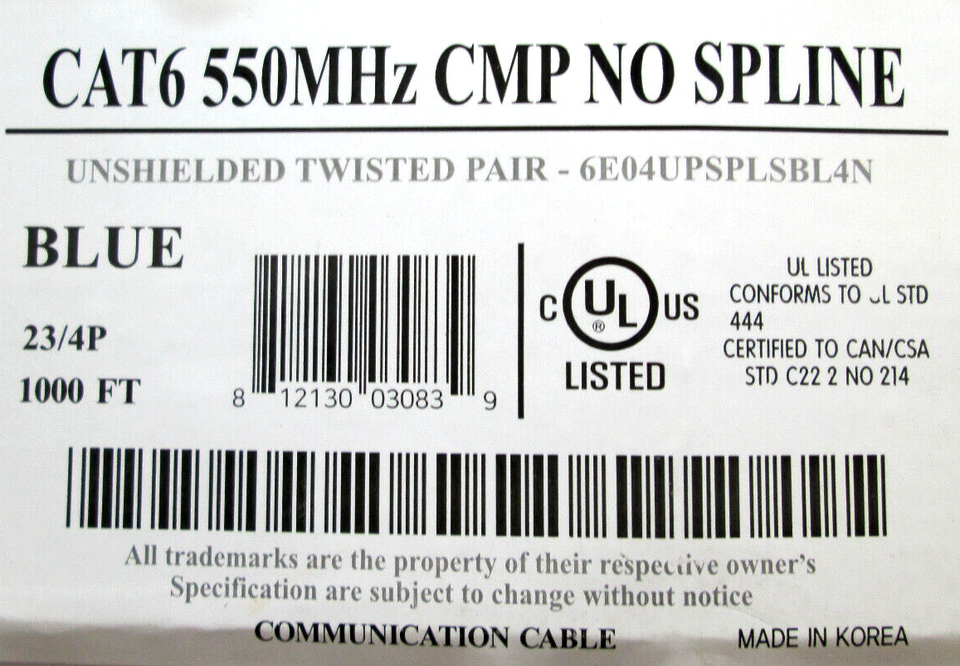 CAT6 Bulk Network Cable CMP/Solid 550MHz PLENUM Blue - Approx. 1000ft ...