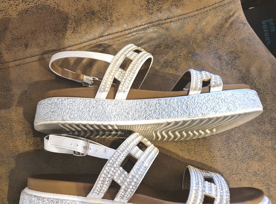 £6 SALE Cafe´ Noir Ladies Shoes Sandals 7/ 40 White Glitter Platform ...