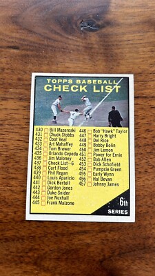 1961 TOPPS Baseball Checklist UNMARKED 6TH SERIES MICKEY MANTLE,WILLIE ...