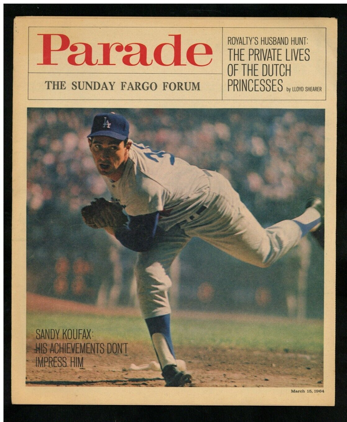 SANDY KOUFAX MARCH 15 1964 SUNDAY FARGO FORUM PARADE MAGAZINE COVER ...
