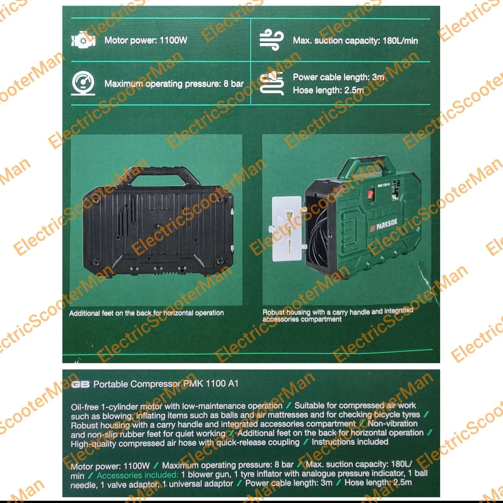 Parkside 1100W Portable Air Compressor 8 Bar Max Blowing Inflating ...