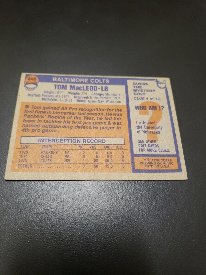 TOM MACLEOD 1976 FOOTBALL CARD Topps #440 BALTIMORE COLTS All-Pro LB ...