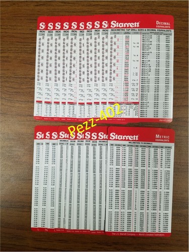 Starrett Decimal Metric Tap Drill Machinist Pocket Chart Cards (20 ...