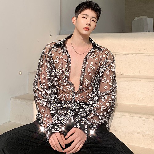 Men Floral Mesh Shirt Top Transparent Sheer Long Sleeve Sun Protection ...