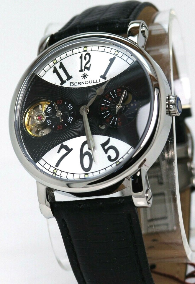 NEW BERNOULLI IDENTITY BLACK WHITE DIAL MECHANICAL WATCH LEATHER OPEN ...