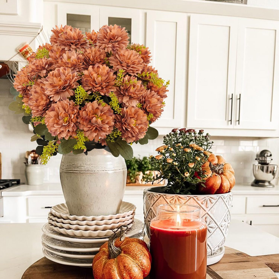 Fall Flowers Artificial Mums 2 Pcs 18 Heads Silk Chrysanthemums Fake ...