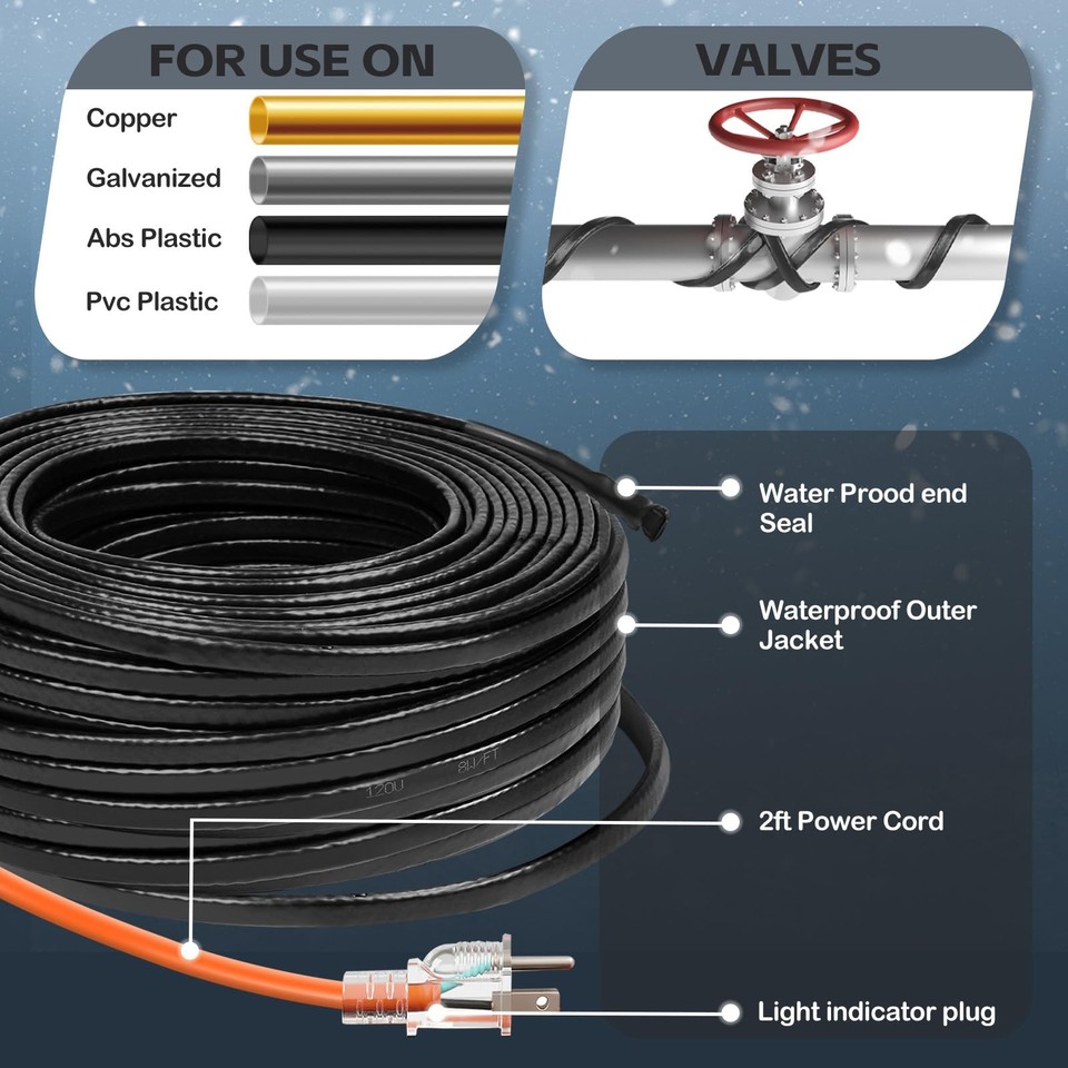 100FT（3FT-200FT） Pipe Heating Cable for Pipe Freeze Protection, Heat ...