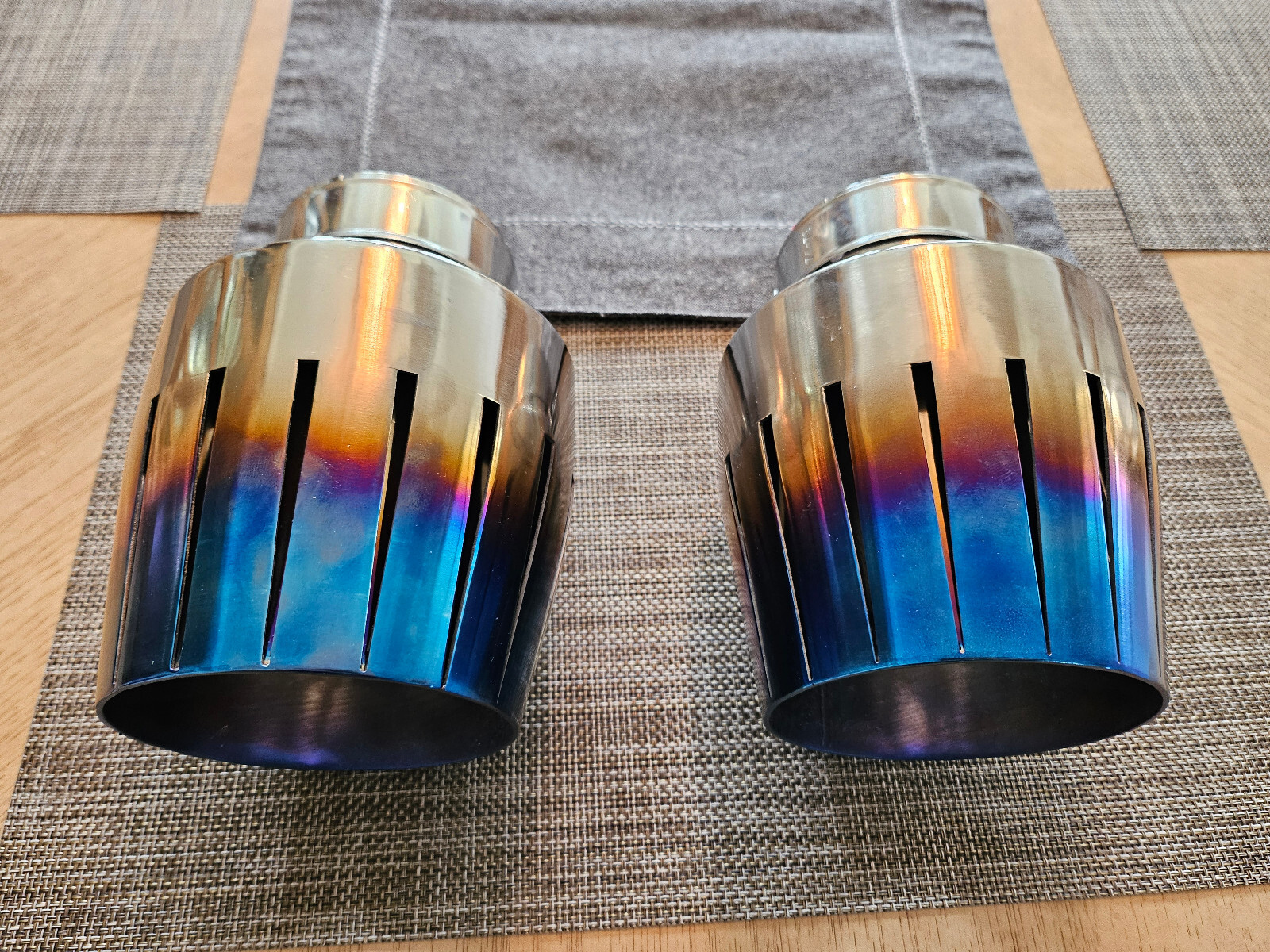 Set of 2x Custom Burnt Blue Titanium Exhaust Tips 3" Inlet 4" Outlet ...