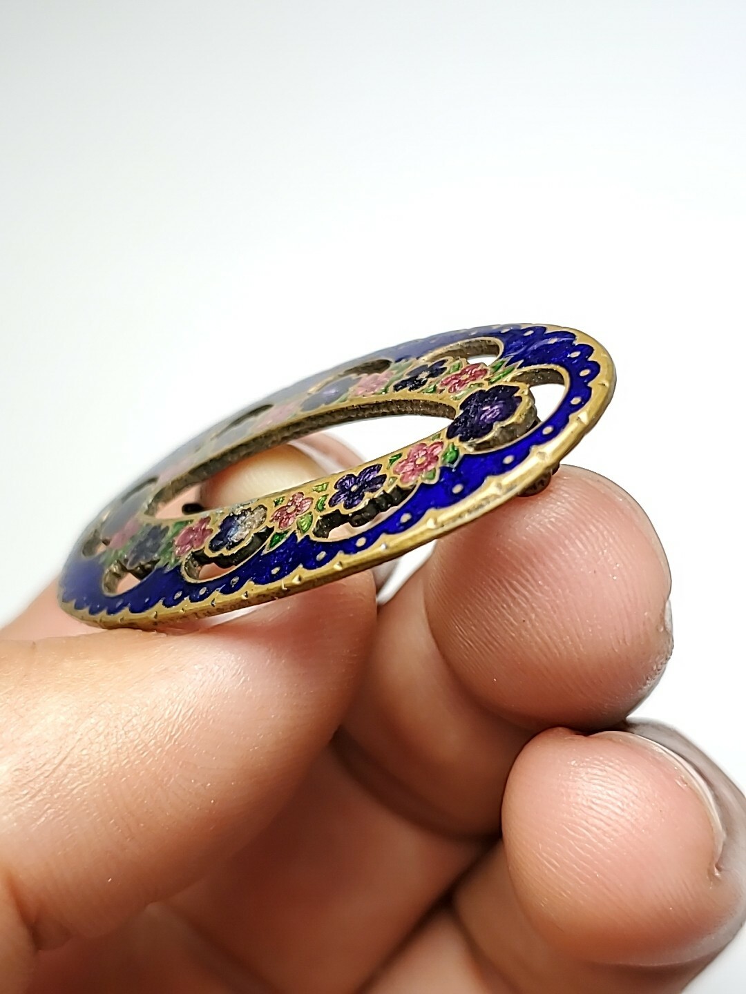 Antique 1800's Brooch Pin, Brass W/ Lapis Inlay - Gem