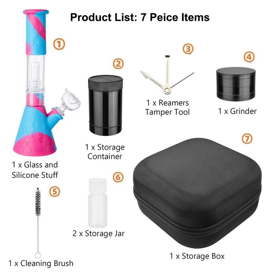 12" Silicone Glass Bong Set Smoking with Box Heavy Beaker Tobacco Water ...