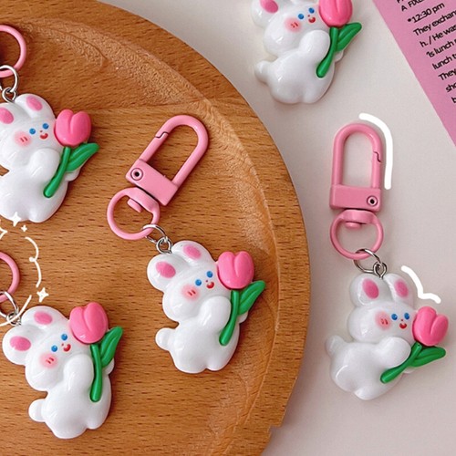Cute Pink Mini Tulip Rabbit Keychain Lovely Key Chain Bag Earphone Box ...