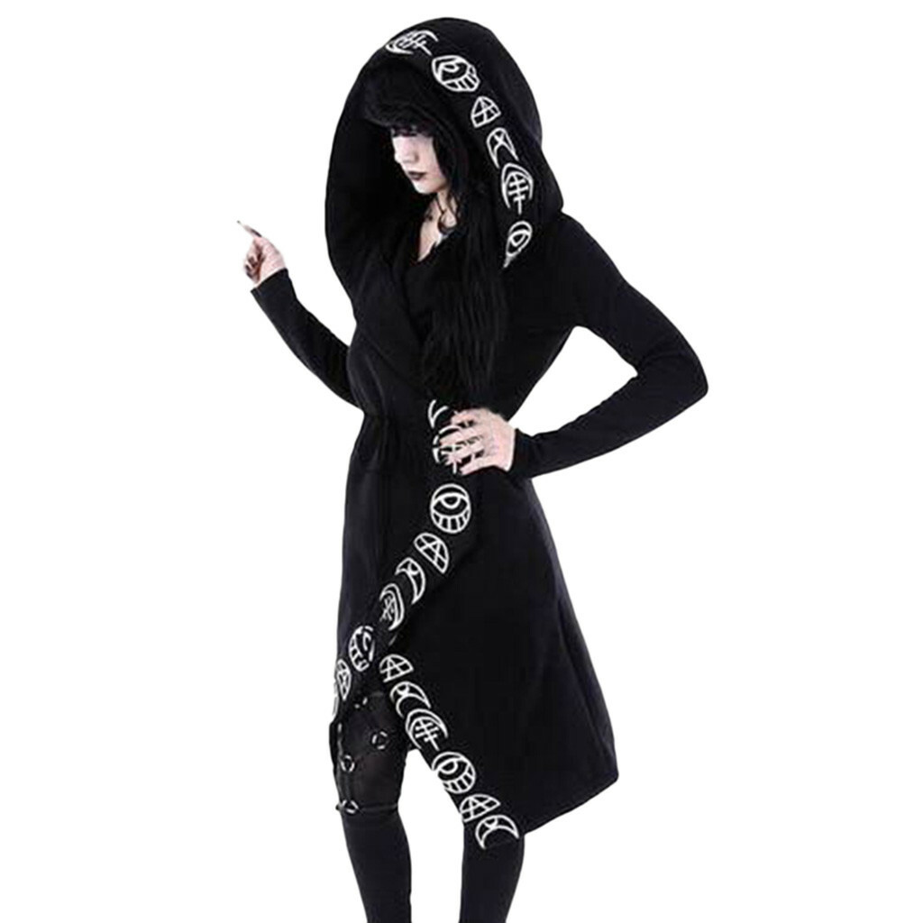 Women's BLACK Gothic Punk Hooded Hoodies Jacket Coat Long Sleeve ...