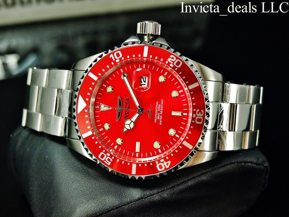 Invicta Men's 43mm Pro Diver Quartz RED DIAL Silver Tone Stainless ...