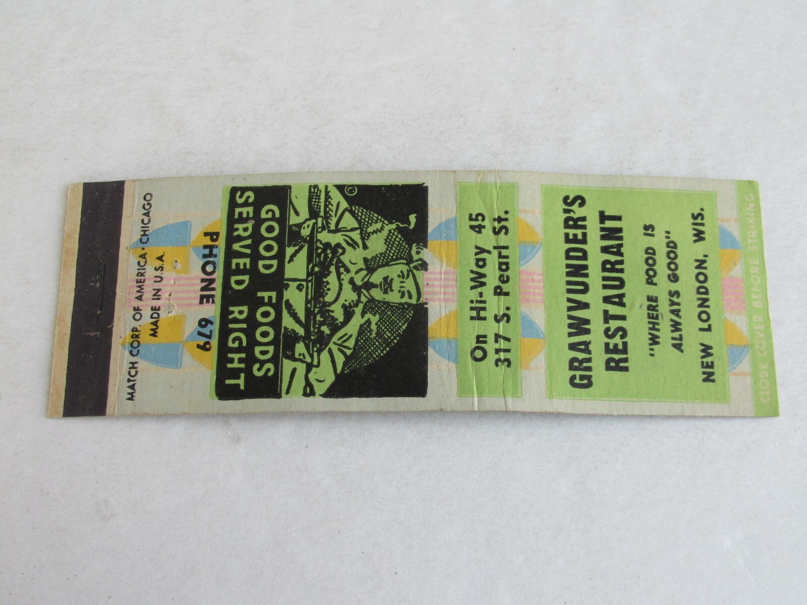 AF538 Vintage Matchbook Cover Grawvunder's Restaurant New London WI ...