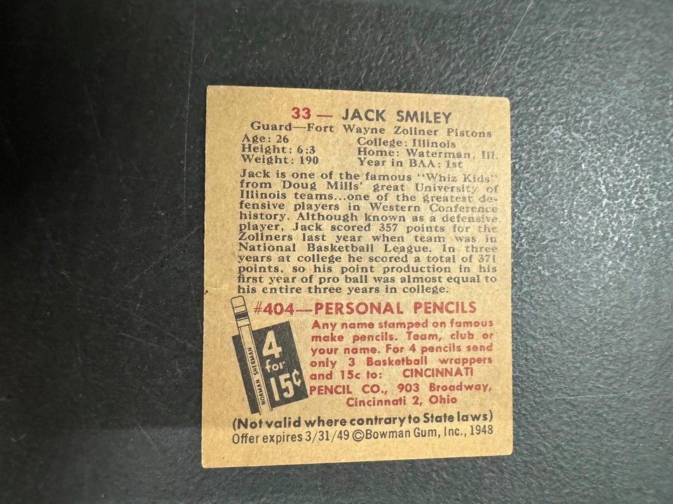 Jack Smiley 1948 Bowman Basketball Card #33 POOR Condition Pistons T4 ...
