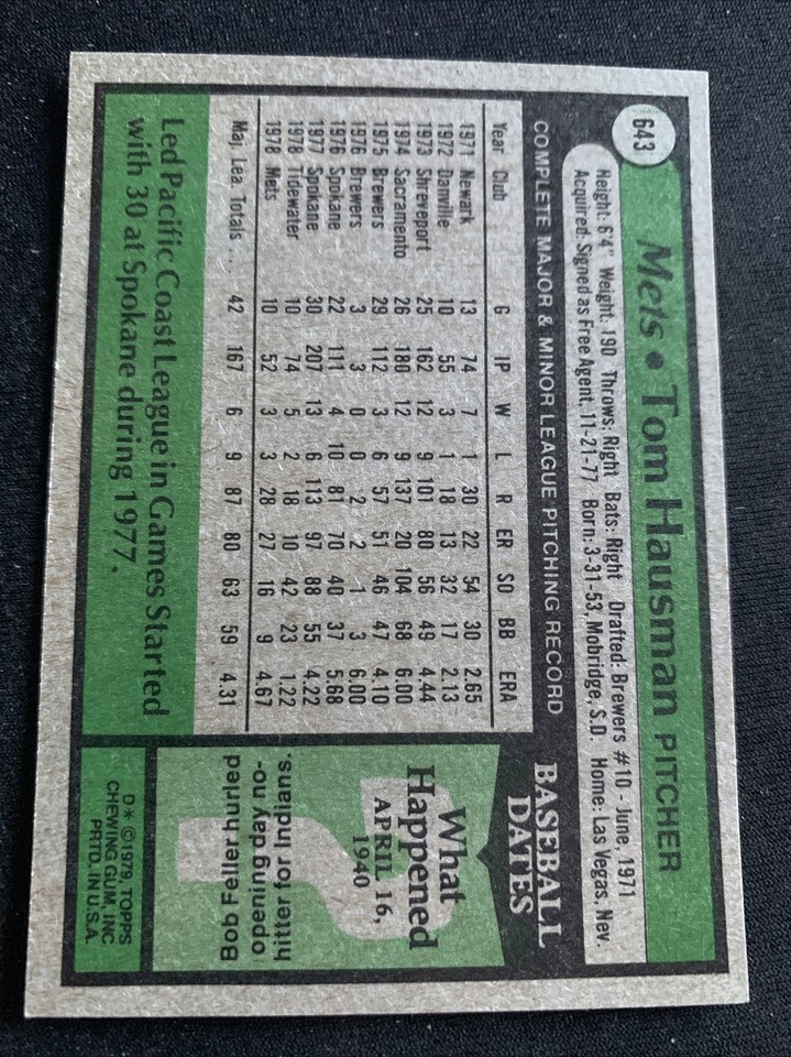 1979 Topps Baseball Card #643 Tom Hausman New York Mets NmMt Free ...