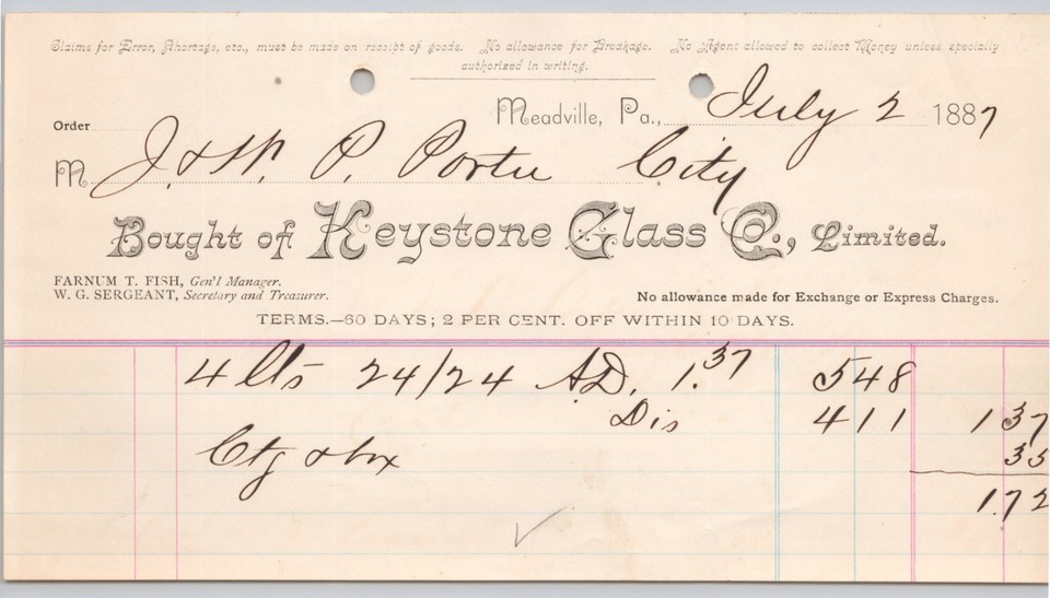 Keystone Glass Co Ltd Meadville PA Glass Manufacturing Billhead 1887 ...