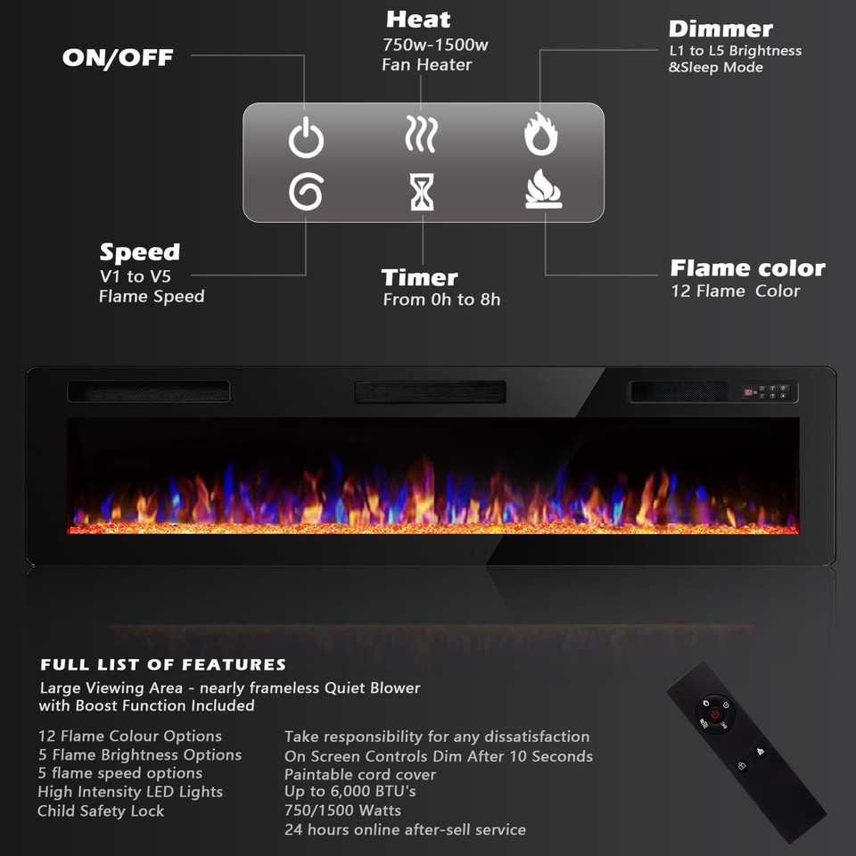 72 inch Ultra-Thin Silence Linear Electric Fireplace, Recessed Wall ...