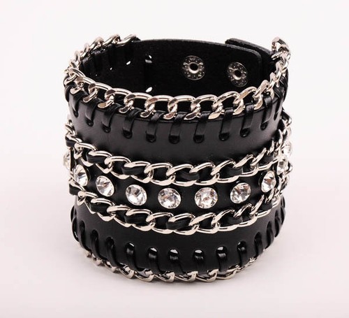 SG466 Black Punk Rock Metal Chain & Rhinestone Leather Wrap Bracelet ...