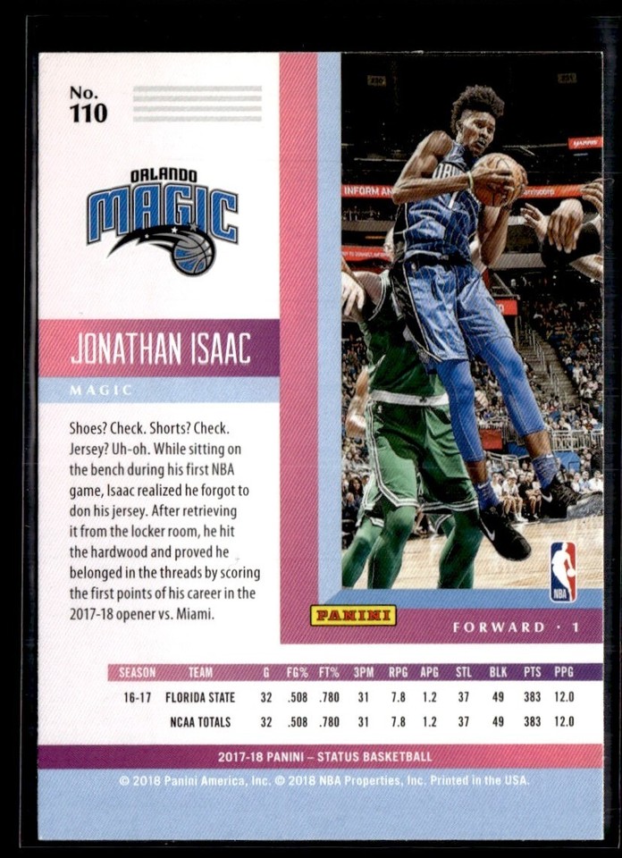 2017-18 Panini Status Jonathan Isaac Rookie Orlando Magic #110 | eBay