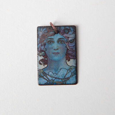 Handmade Copper Enamel Pendant Mucha Woman Rustic Boho Art Jewelry ...