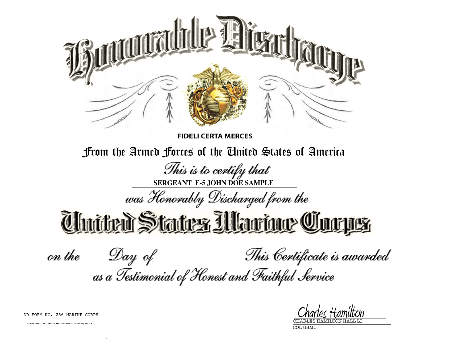 US Marine Corps Honorable Discharge replacement certificate UNOFFICIAL ...