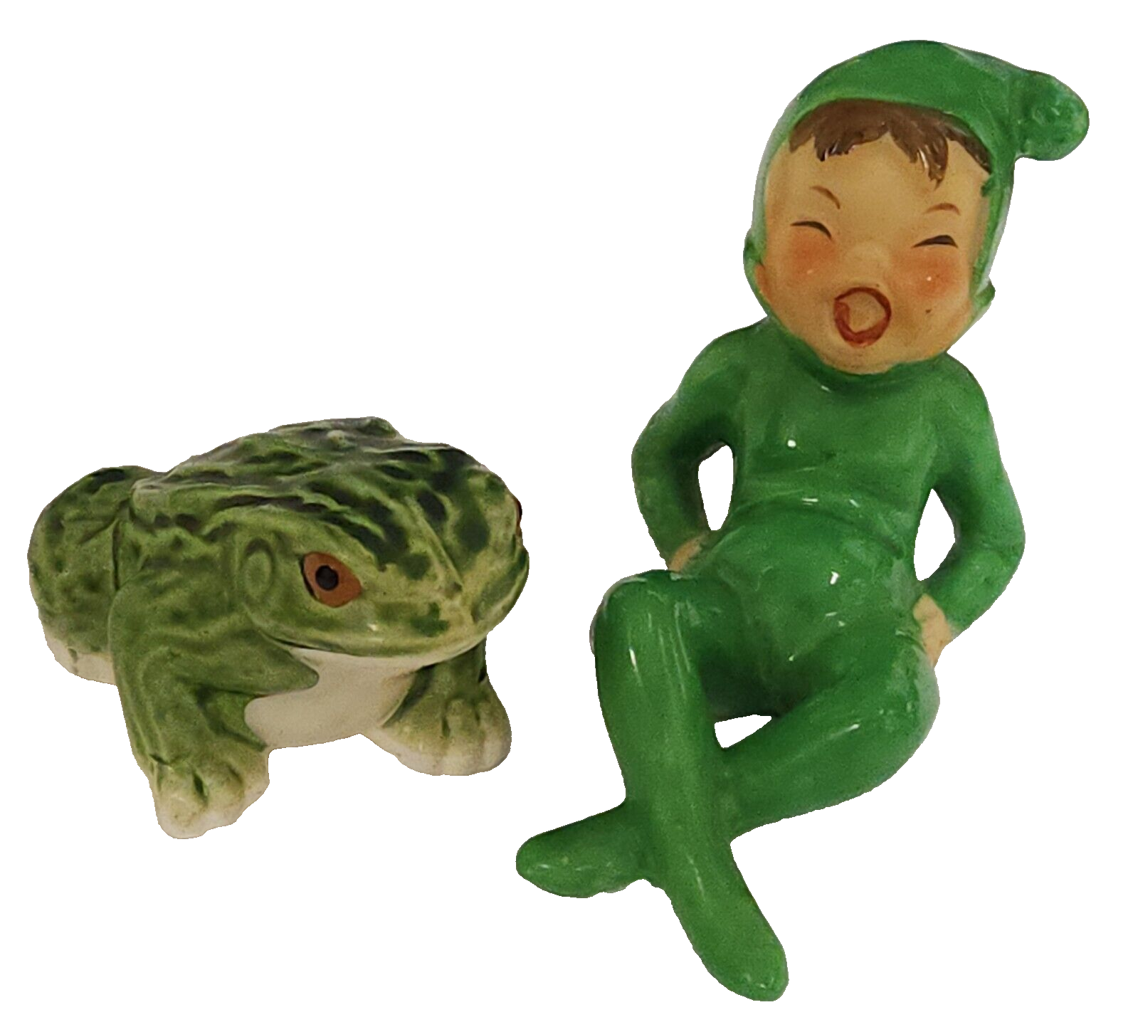 Vintage 1950's Green Ceramic Impish Pixie Elf & Frog Figurines Japan 2 ...