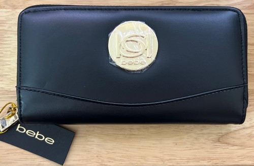 Stylish NWT Bebe Melendy Wallet Black Gold Credit Card Holder Zipper ...